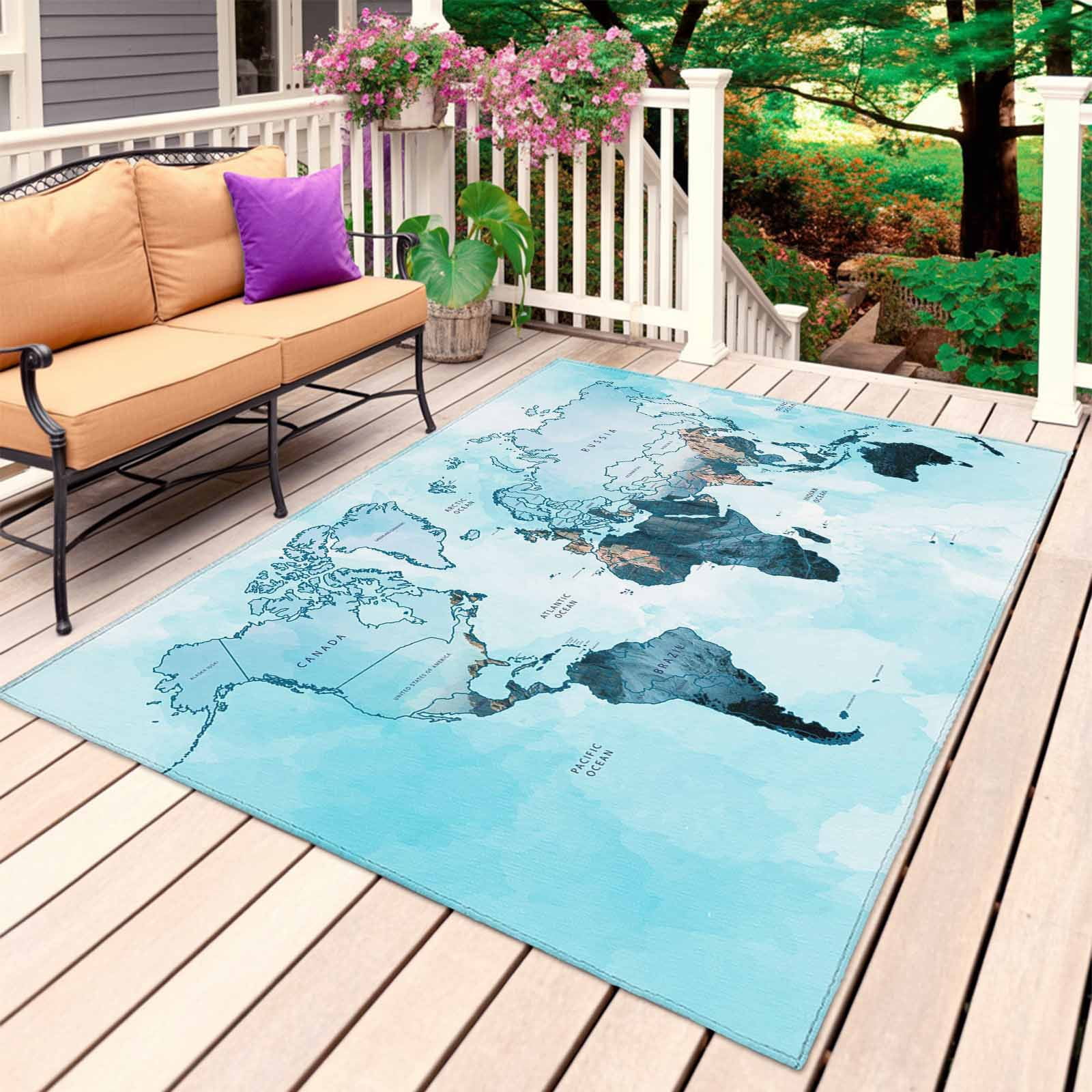 Blue Maps Outdoor Rug for Patio/Deck/Porch, Non-Slip Large Area Rug 3 x ...