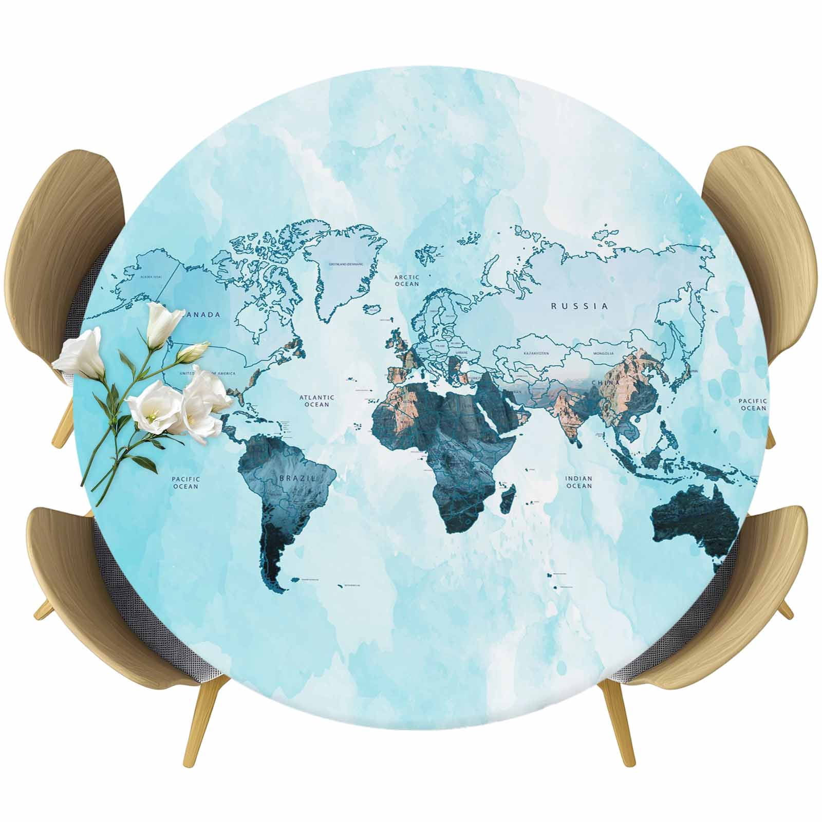 Blue Maps Round Tablecloth, Fitted Table Cover with Elastic for 45"-54 ...