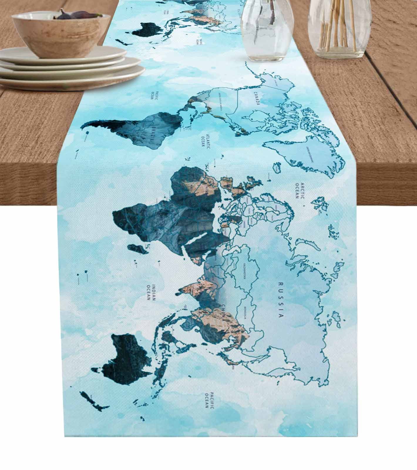 Blue Maps Table Runner 120 Inches, Abstract World Map Ocean Modern Bed ...