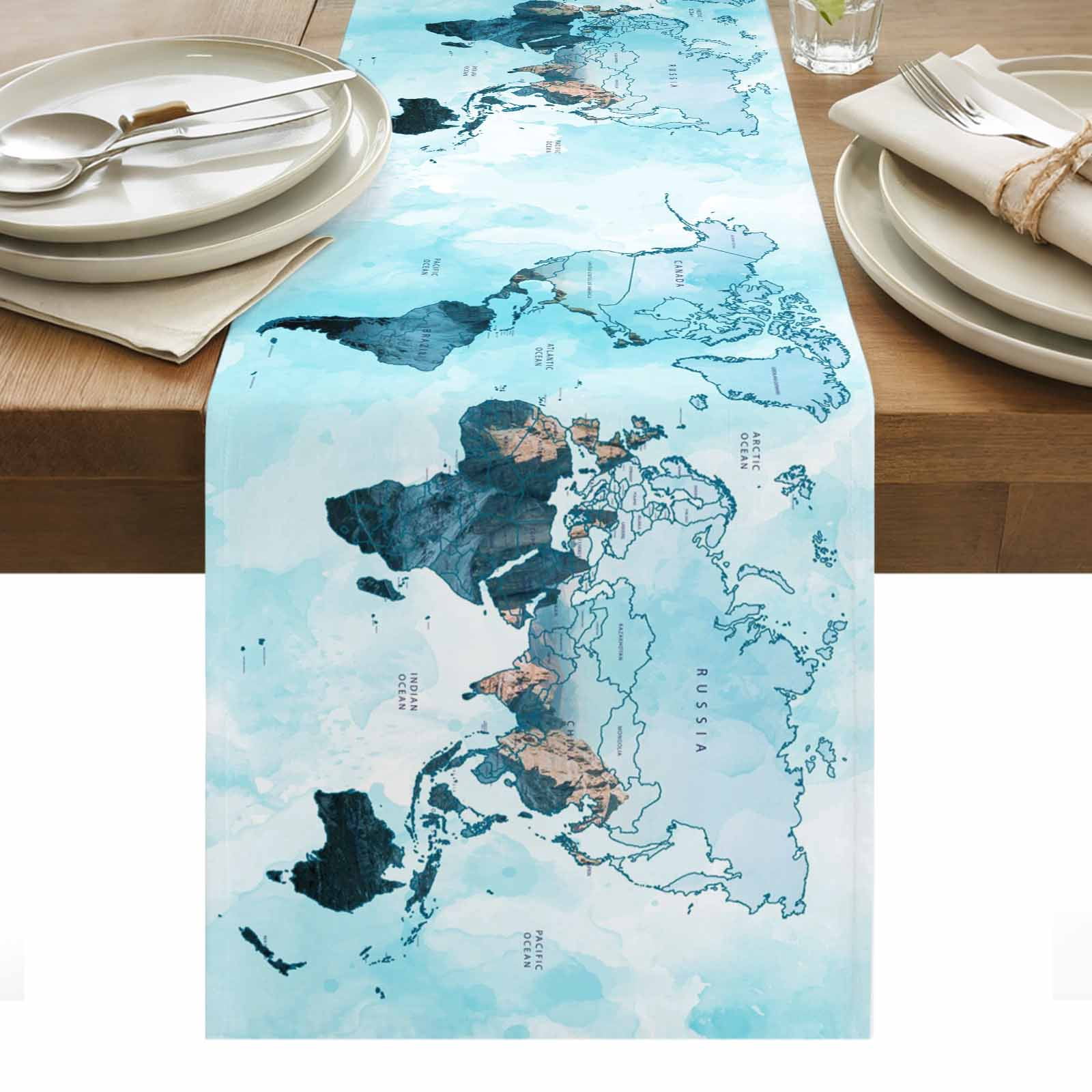 Blue Maps Table Runner - 70 Inch Long, Kitchen Dining Table Runner ...