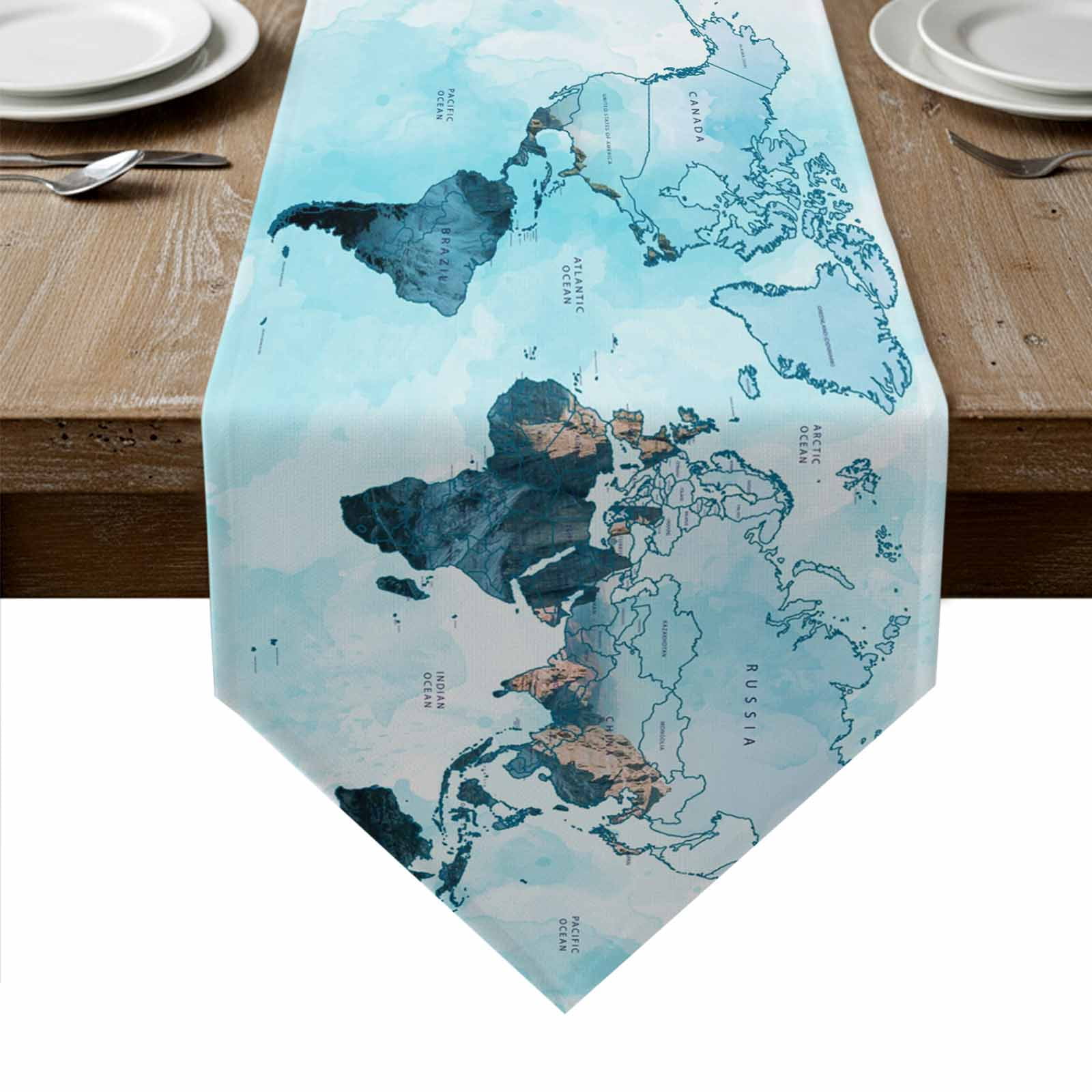 Blue Maps Table Runner Linen Burlap Table Runner 120 Inches Long ...