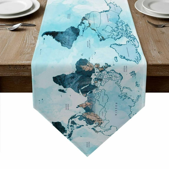 Blue Maps Table Runner Linen Burlap Table Runner 120 Inches Long ...