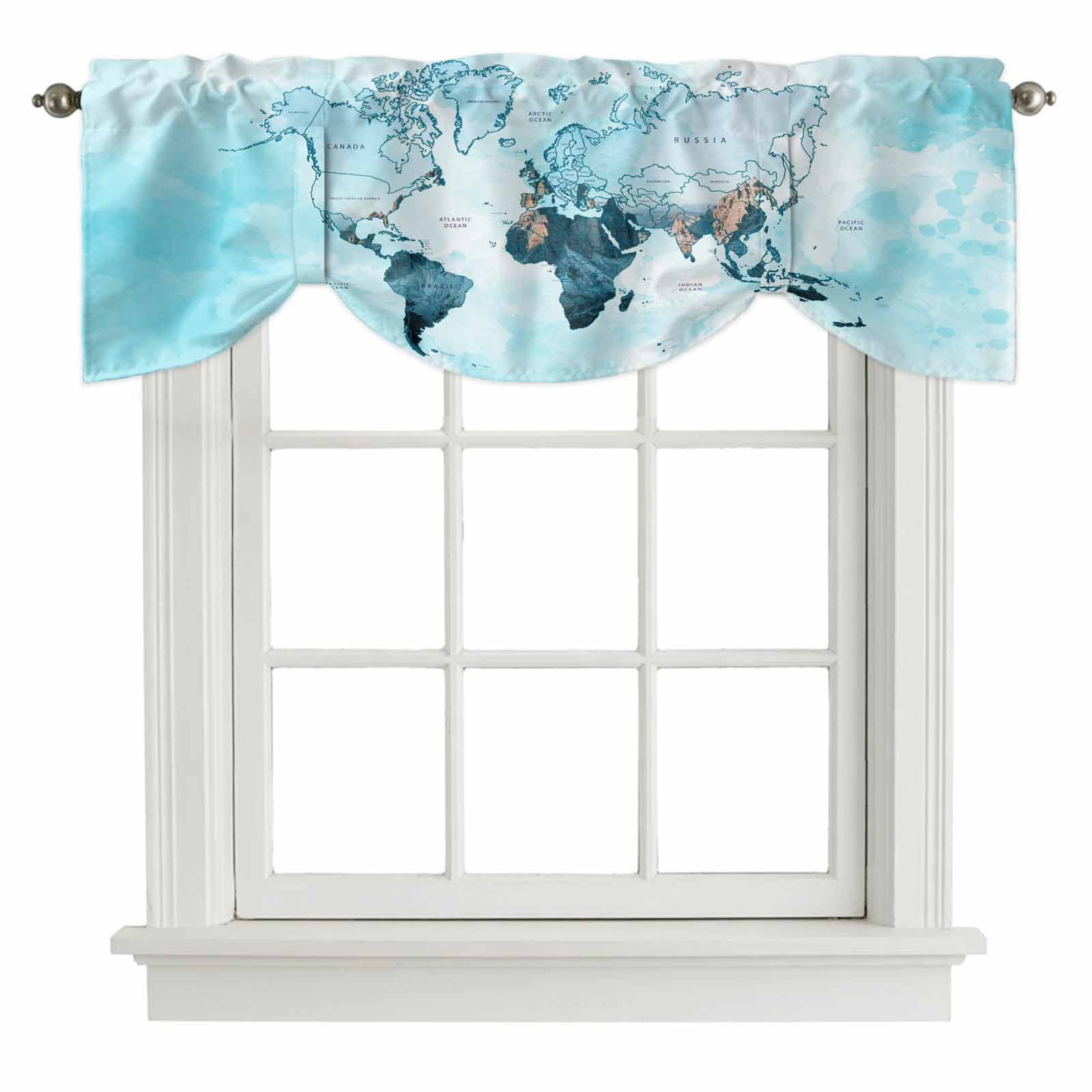 Blue Maps Tie Up Valance Curtains for Windows, Kitchen Curtains Window ...