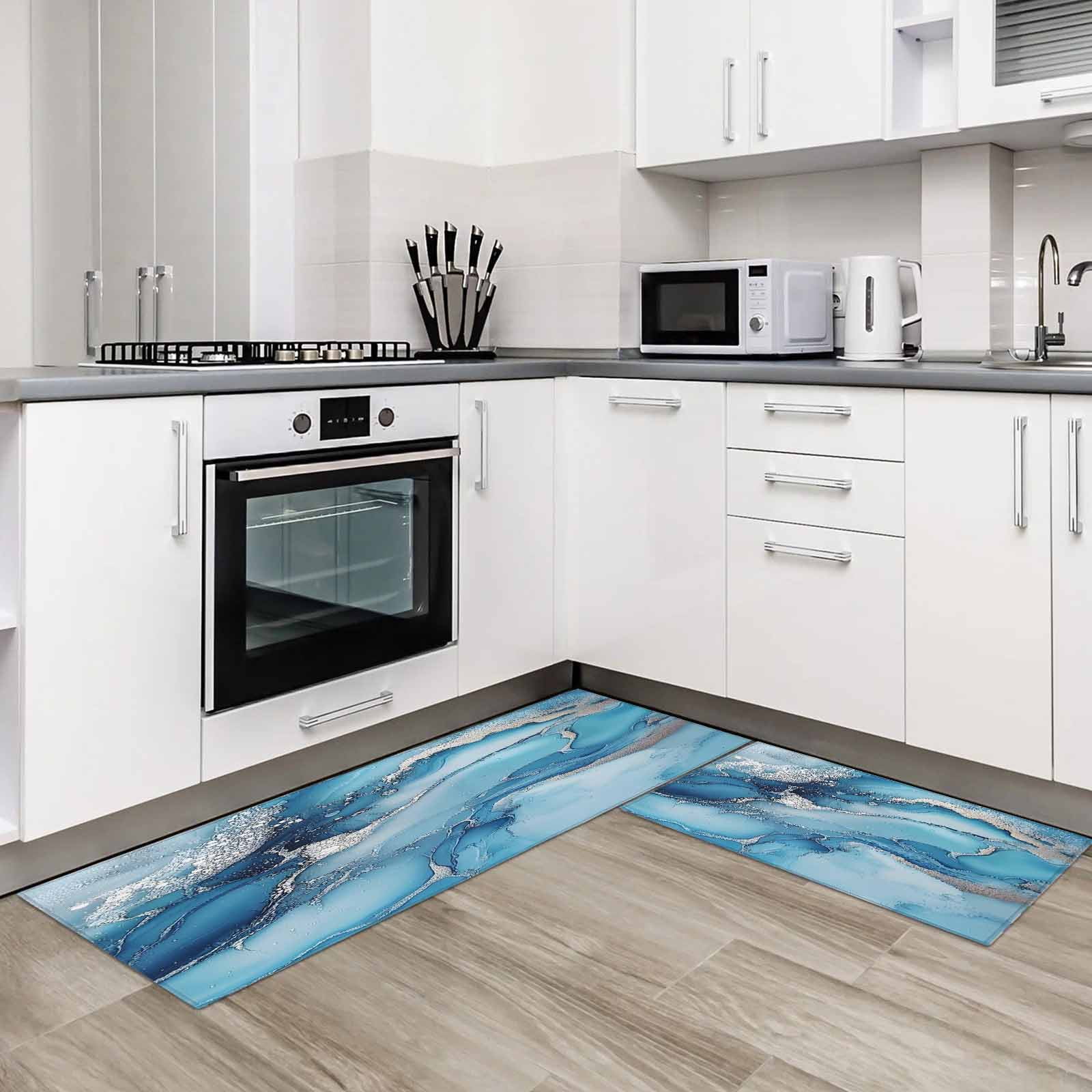 Blue Marble 2 Pieces Non-Slip Kitchen Mat Set Grey Modern Aesthetic ...