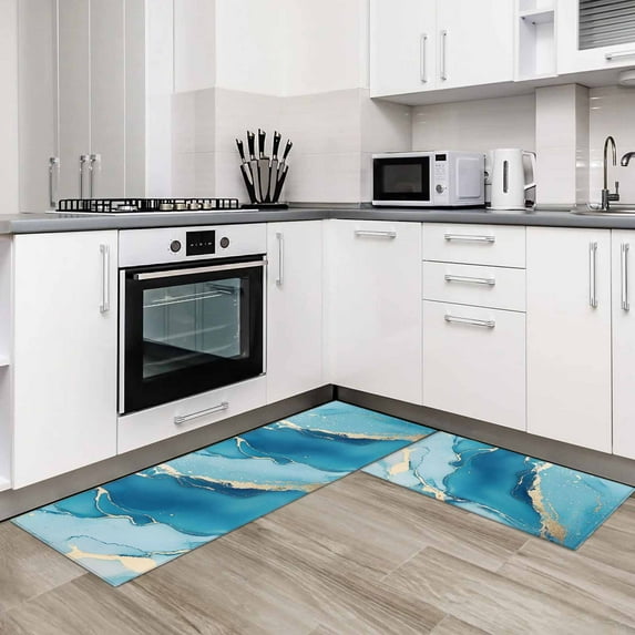 Blue Marble 2 Pieces Non-Slip Kitchen Mat Set Modern Ink Painting ...