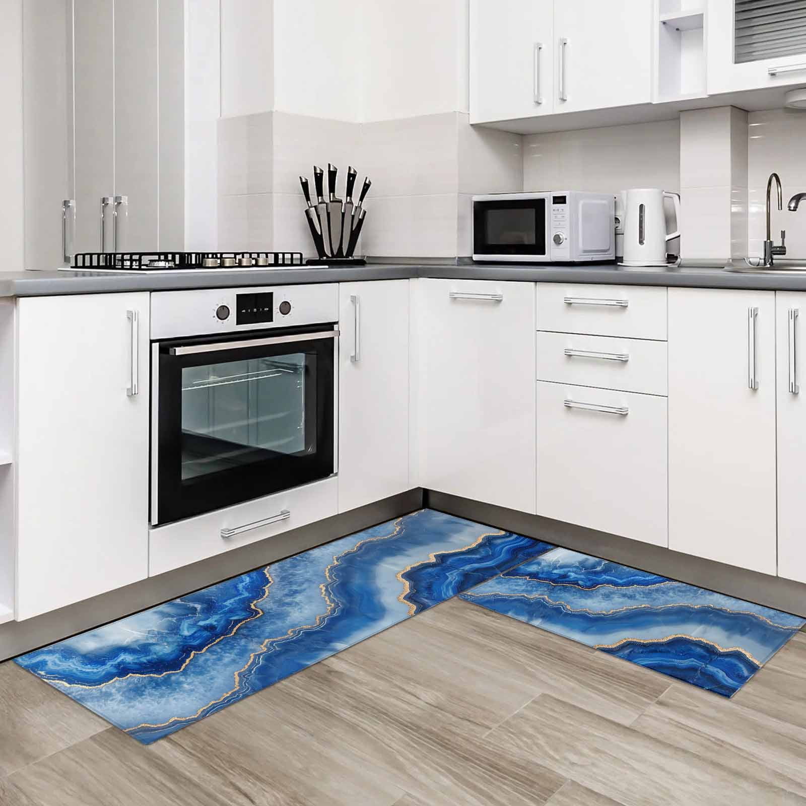 Blue Marble 2 Pieces Non-Slip Kitchen Mat Set Modern Luxury Granite ...