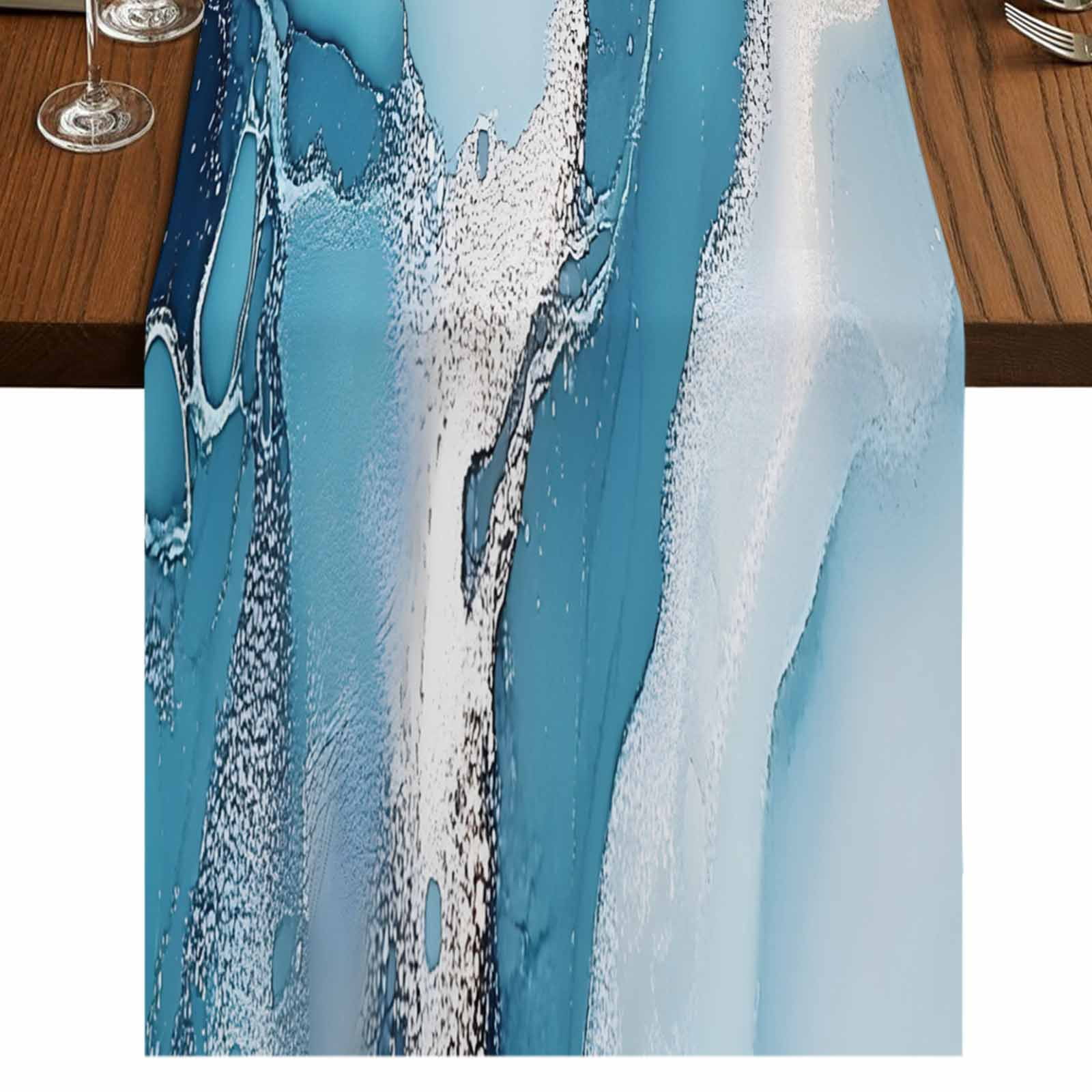 Blue Marble Abstract 90 Inch Table Runner, Modern Contemporary ...