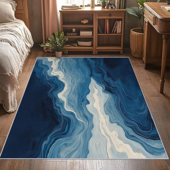 Blue Marble Abstract Area Rug, Fluid Art Pattern Carpet, Washable Non ...