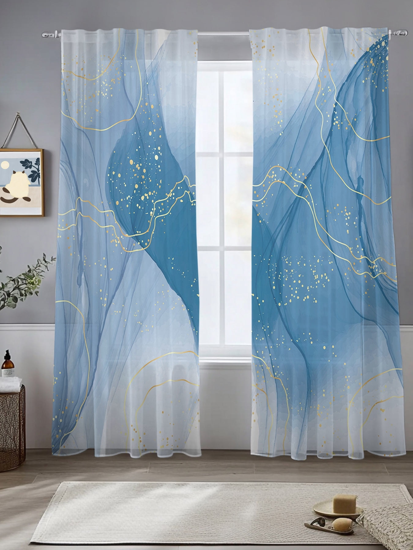 Blue Marble Abstract Gold Line Chiffon Sheer Curtains 84 Inches Long ...