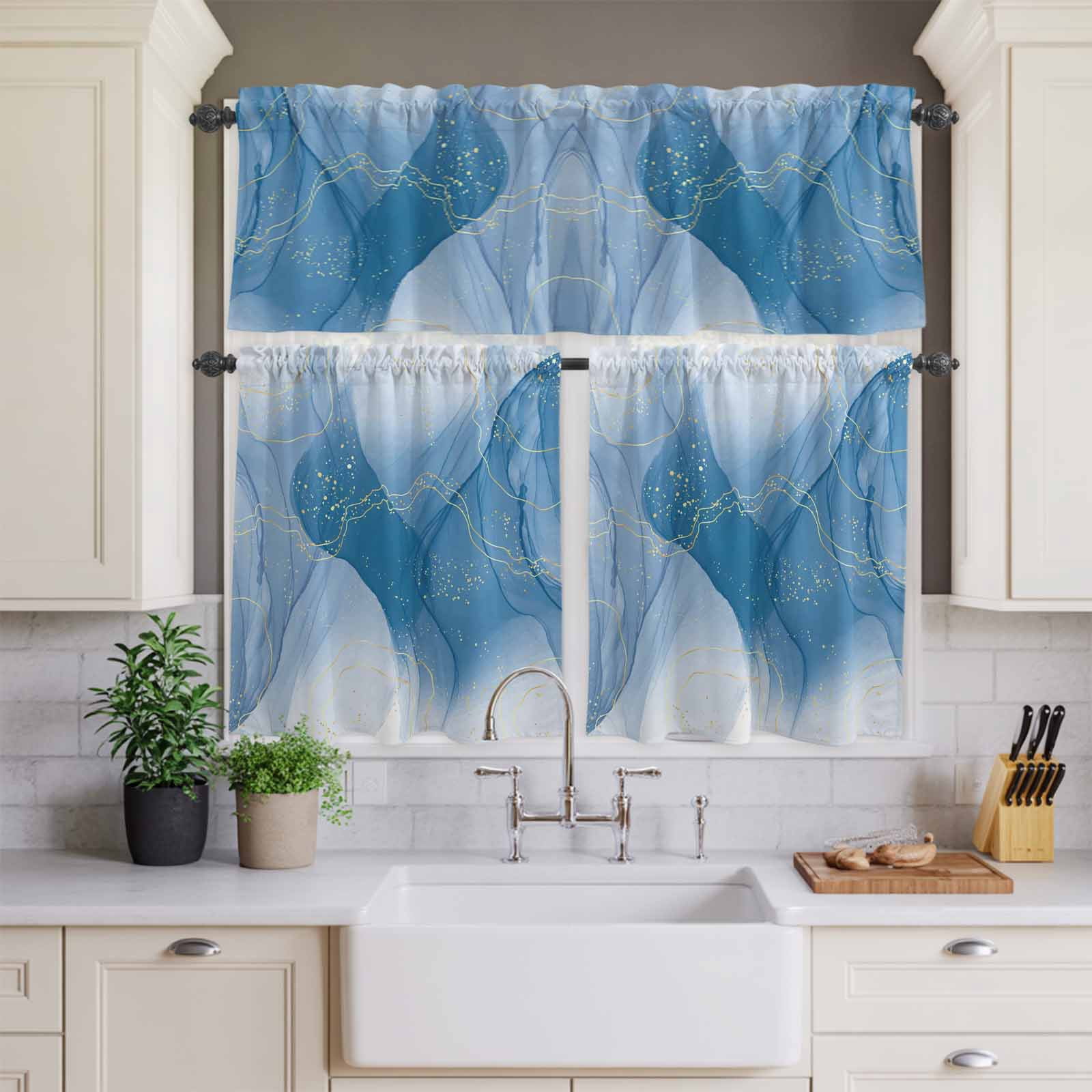 Blue Marble Abstract Gold Line Curtain Tier and Valance Set 3 Piece ...