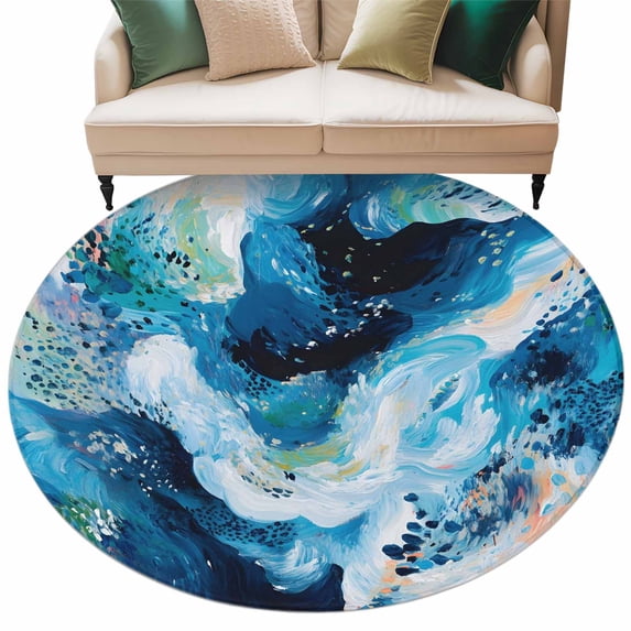 Blue Marble Abstract Round Rug 7ft Washable Circle Rugs Non Slip ...