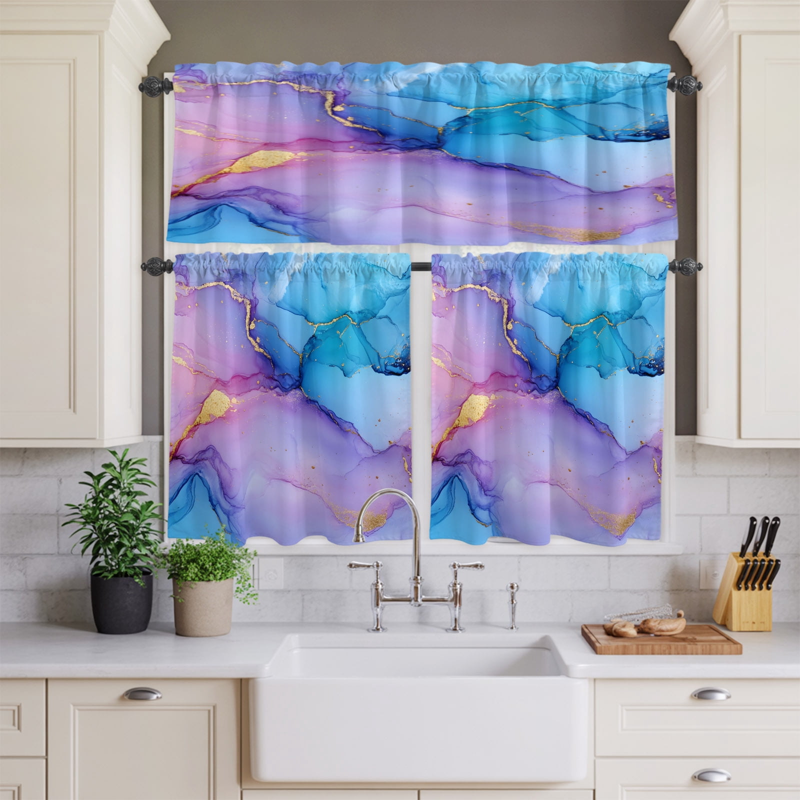 Blue Marble Abstract Stripe Gold Foil Curtain Tier and Valance Set 3 ...