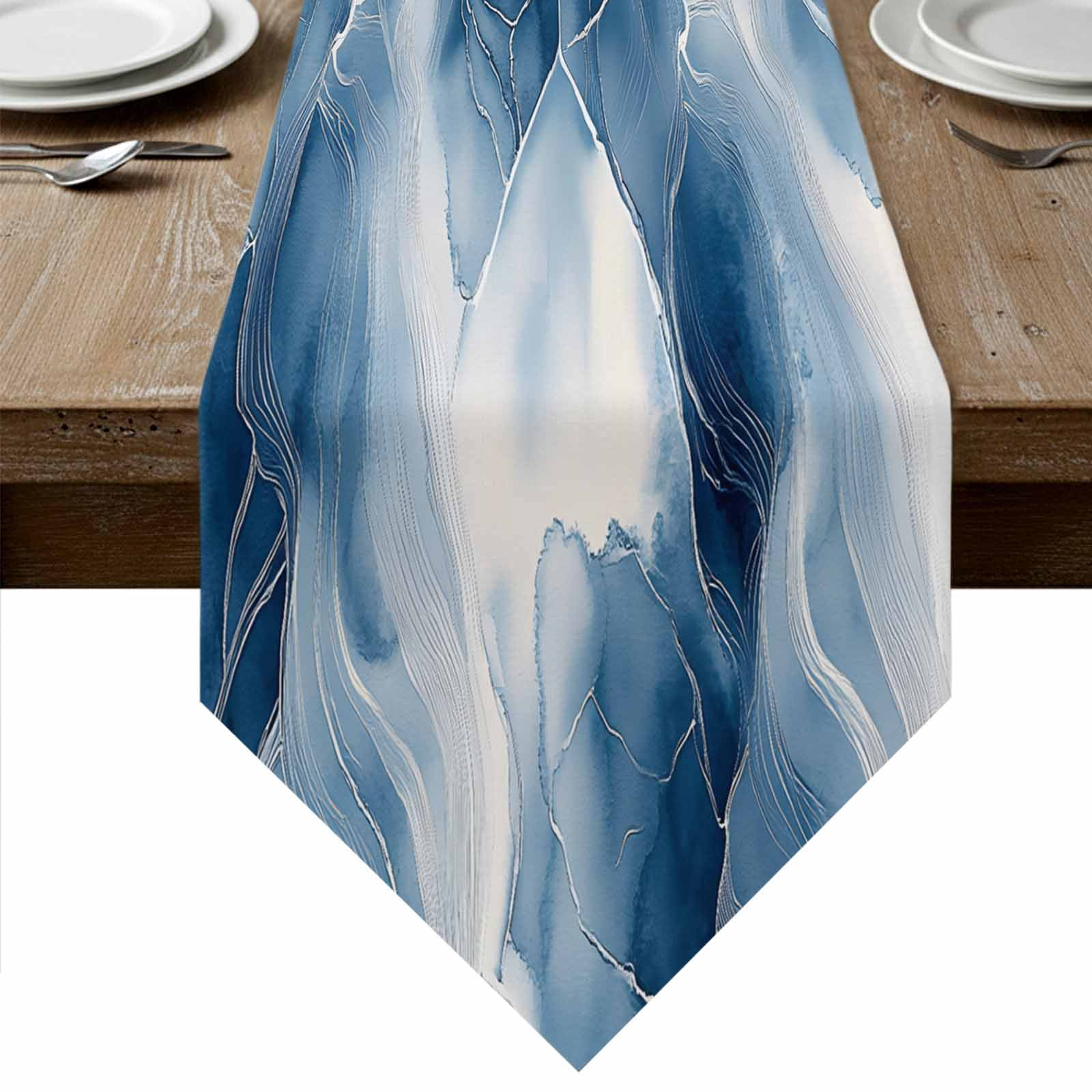 Blue Marble Abstract Table Runner Linen Burlap Table Runner 108 Inches ...