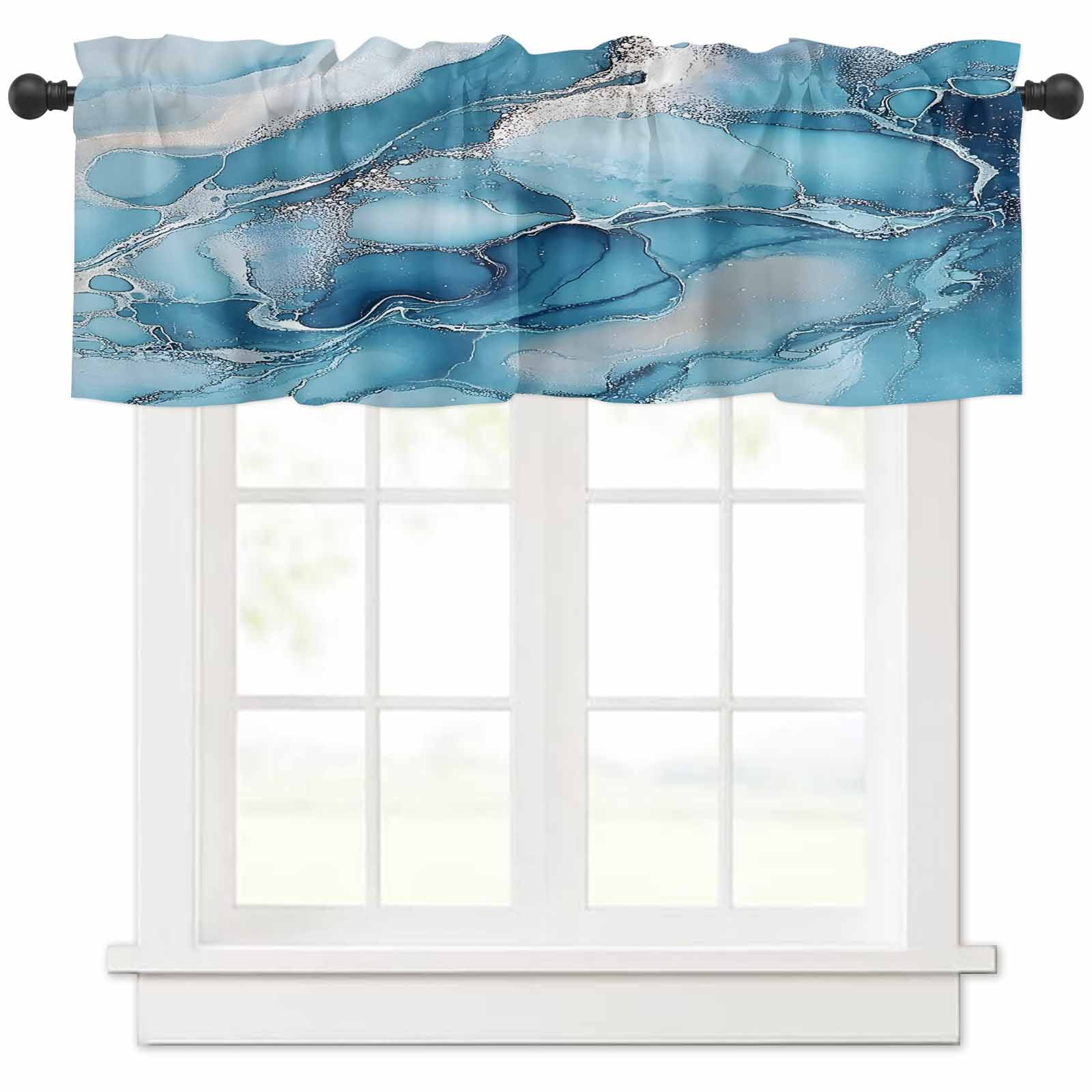Blue Marble Abstract Valances for Windows Farmhouse Kitchen Curtains ...