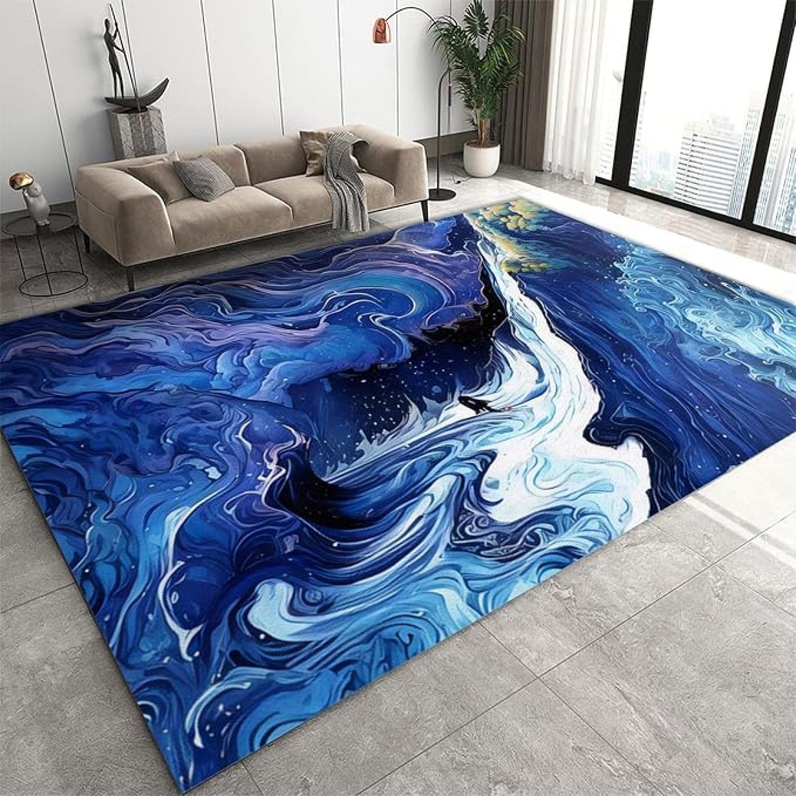 Blue Marble Area Rug, Abstract Oil Painting Indoor Non Slip Print Rugs ...