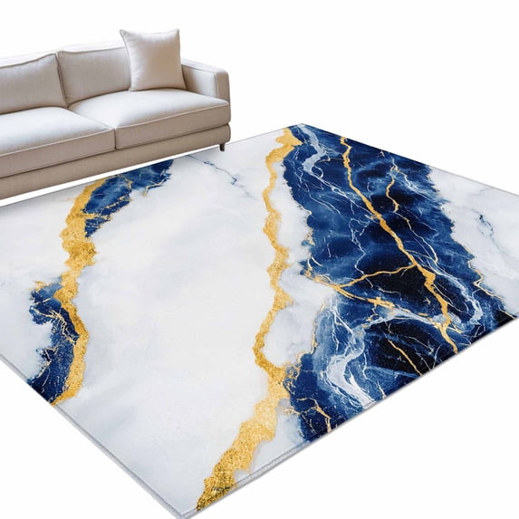 Blue Marble Area Rug, Abstract Retro Non-Slip Felt Rubber Backing ...
