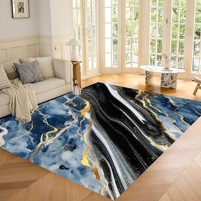 Blue Marble Area Rug, Blue Gold Marble Texture Printing Rugs, Simple ...