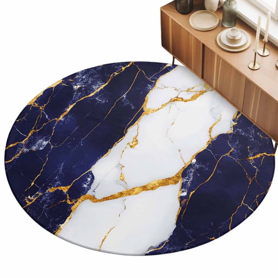 Blue Marble Area Rug, Gold Foil Modern Non-Slip Felt Rubber Backing ...