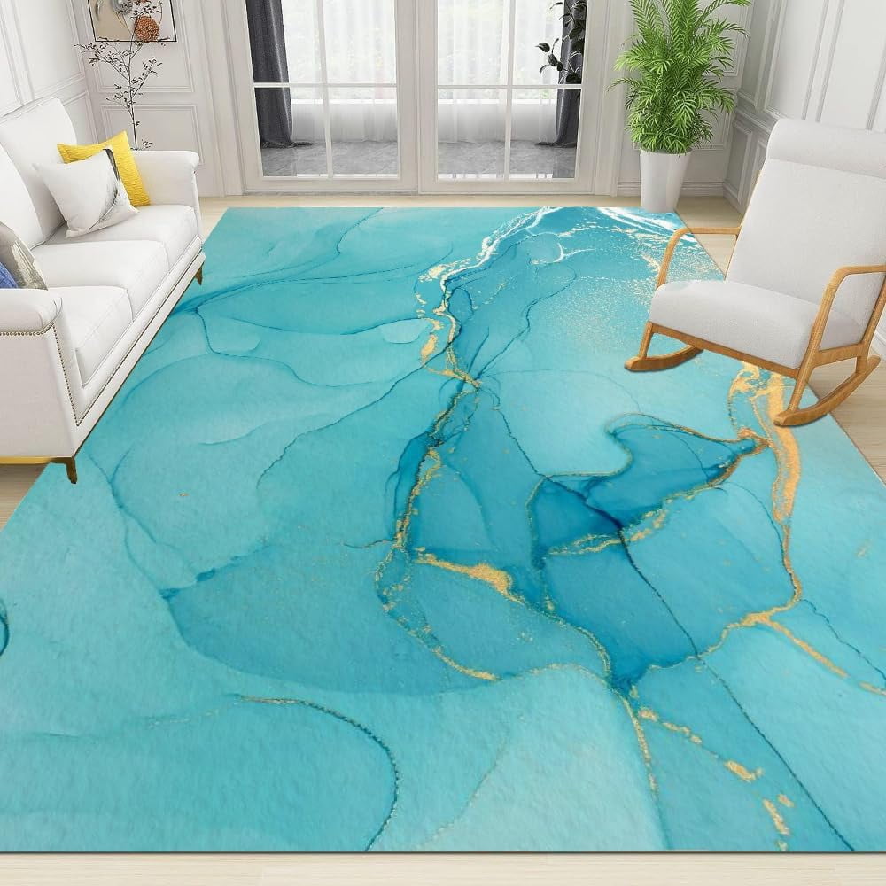 Blue Marble Area Rug, Gold Texture and Abstract Line Combination Carpet ...