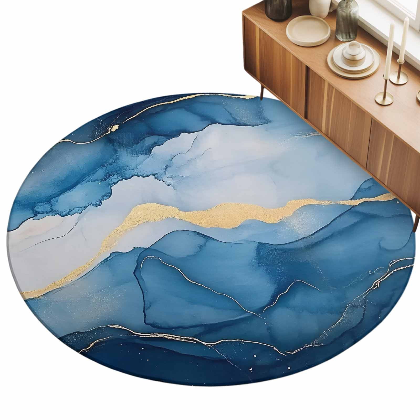 Blue Marble Area Rug, Gradient Golden Texture Fluid Abstract Art Non ...