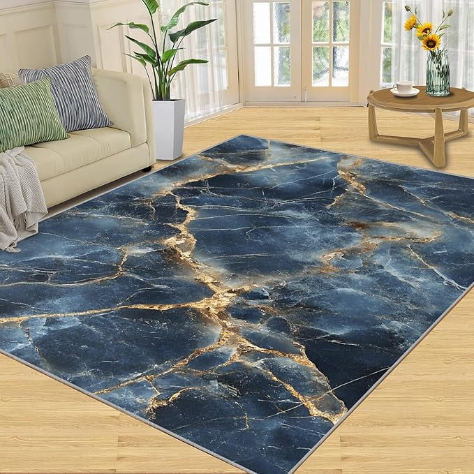 Blue Marble Area Rug, Modern Abstract Area Rugs for Living Room, Luxury ...