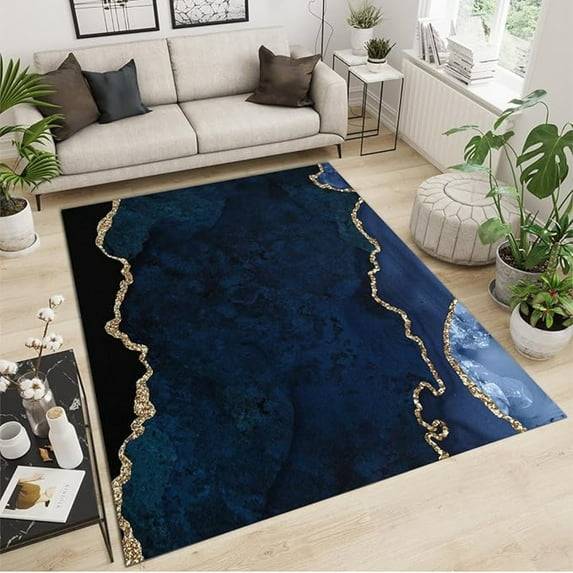 Blue Marble Area Rug, Modern Blue Gold Texture Living Room Rugs ...