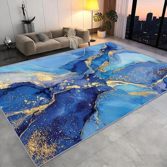Blue Marble Area Rug, Modern Luxury Striped Rug, Abstract Marble Rugs ...