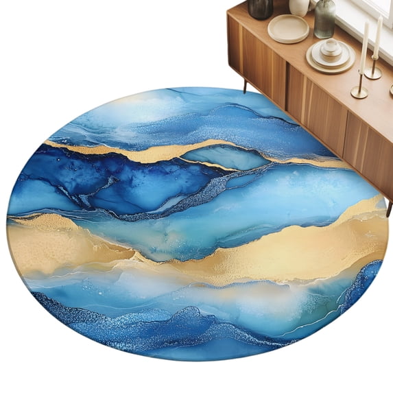 Blue Marble Area Rugs 3.3' (Round) Abstract Ocean Waves Gold Stripes ...