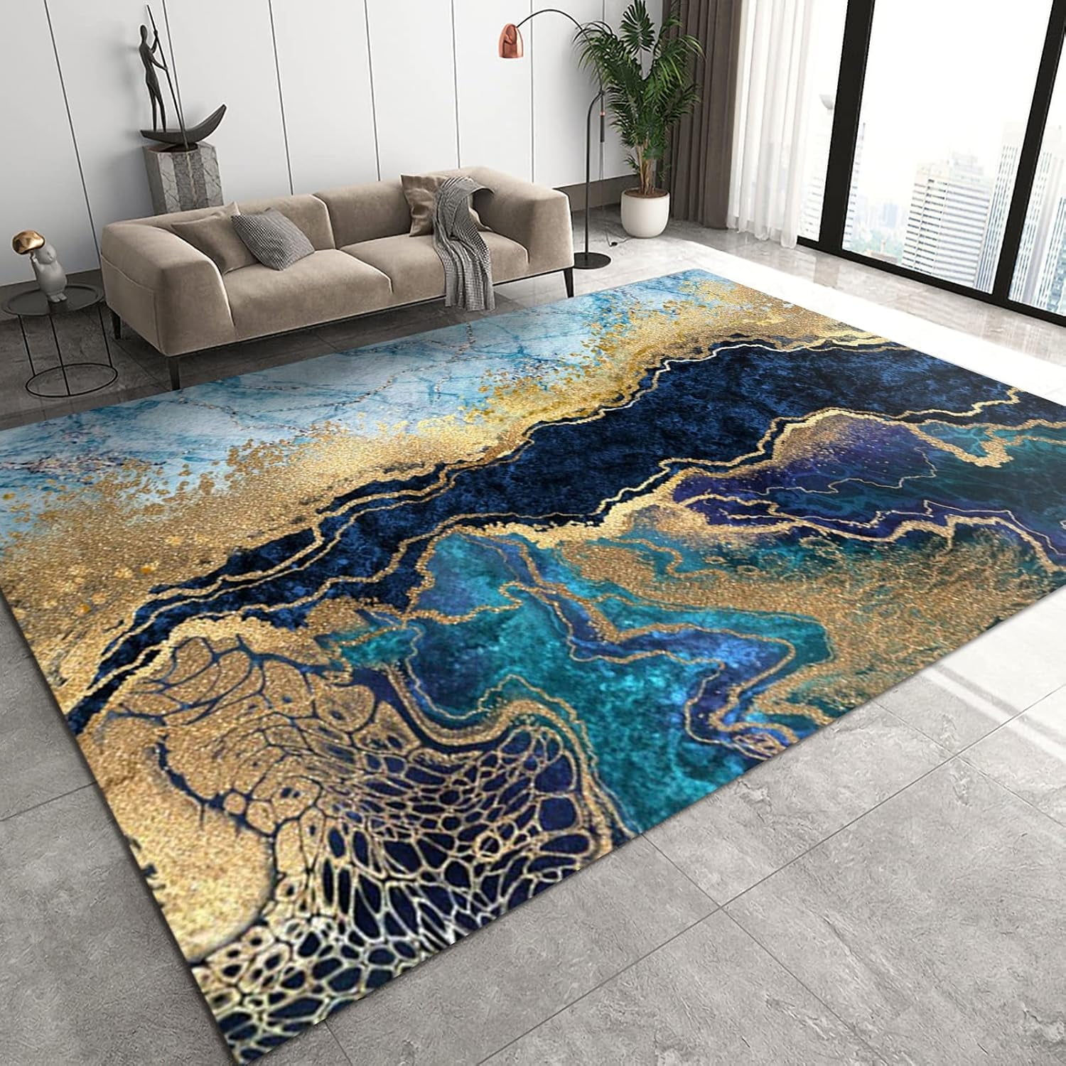 Blue Marble Area Rugs, Large Patterned 3D Carpet, Lounge Rug Easy Care ...