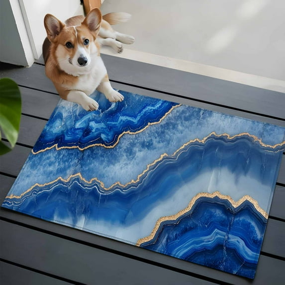 Blue Marble Bathroom Mat 2x3 FT, Non Slip Small Kitchen Mat, Modern ...