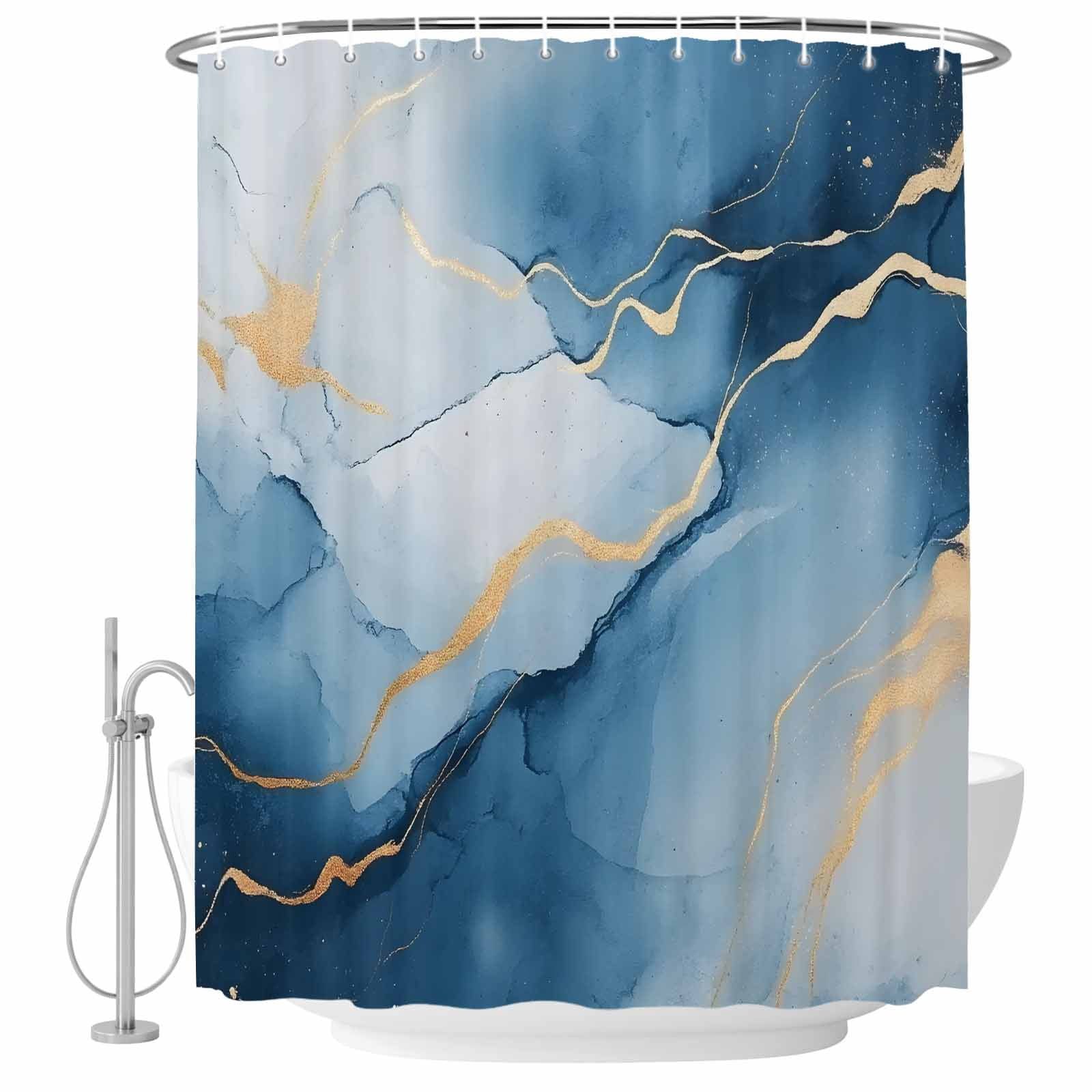 Blue Marble Bathroom Shower Curtains with Hooks, Gradient Gold Fluid ...
