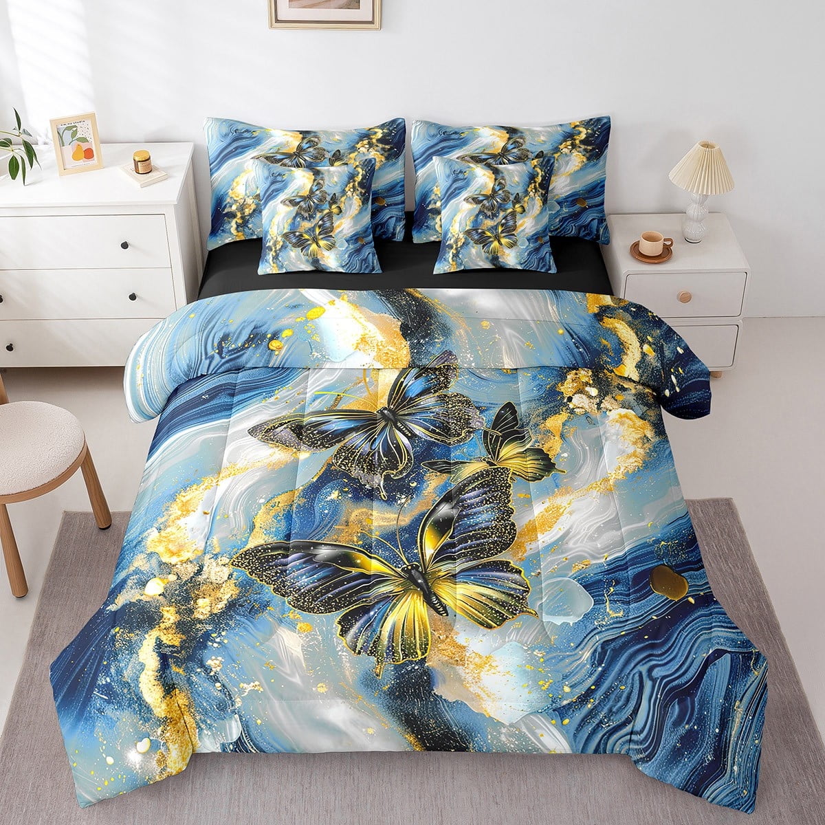 Blue Marble Bed in a Bag Queen Comforter Set 7 Piece Black Butterfly ...