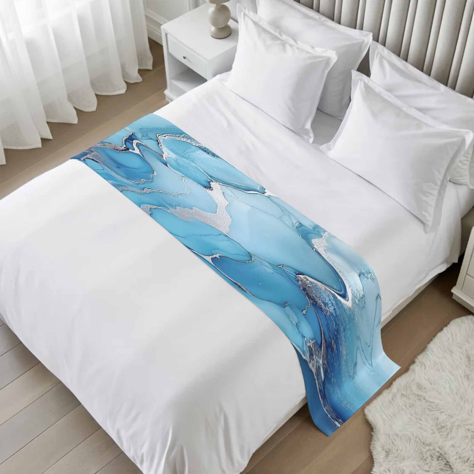 Blue Marble Bed Runner Scarf, Modern Abstract Art Blue Gradient Full ...