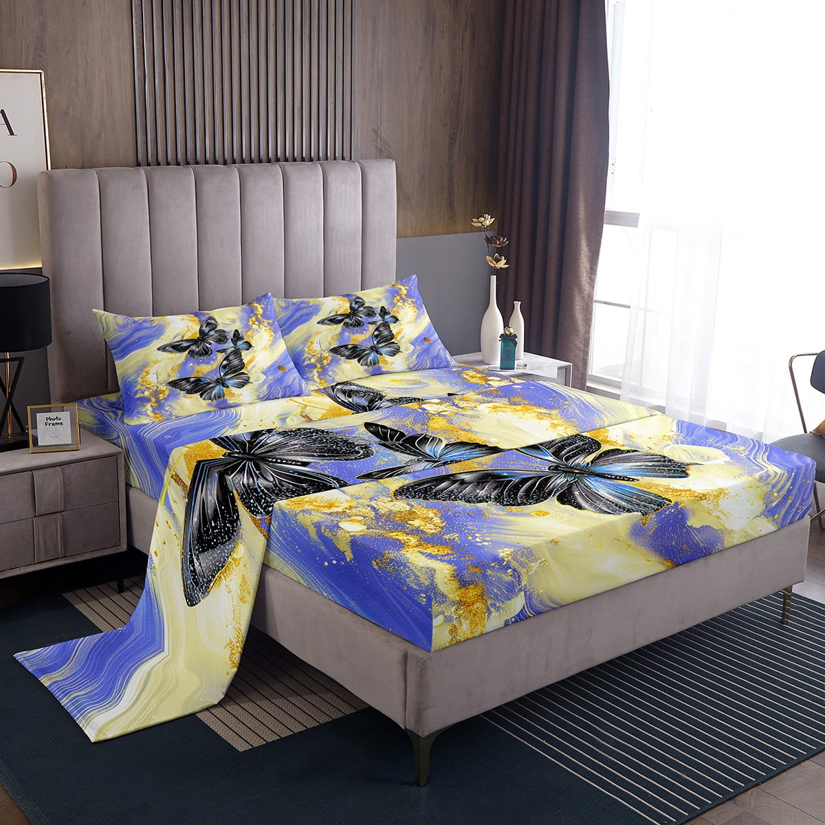 Blue Marble Bed Sheets Set Black Butterfly Sheets,Beige Marbling Sheet ...