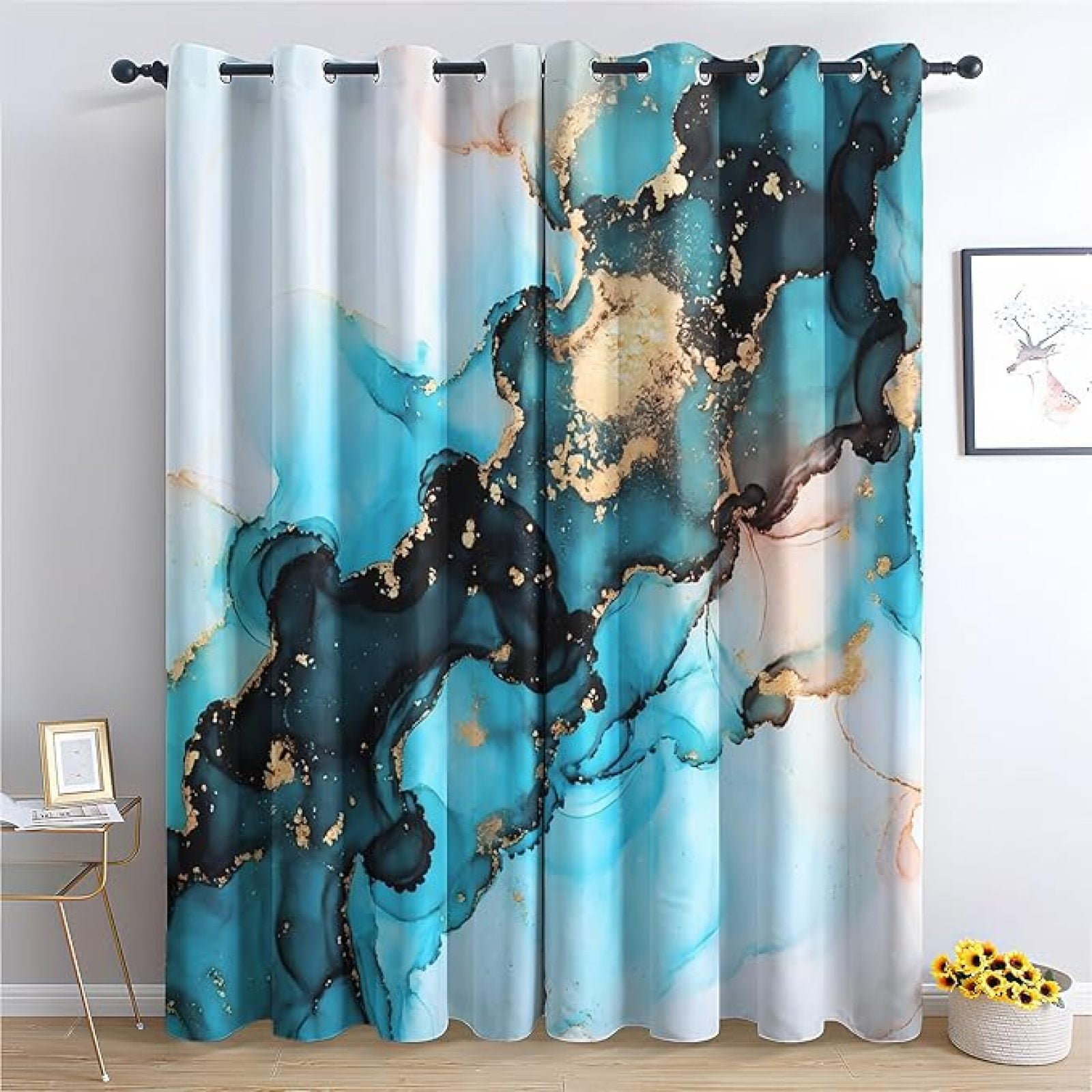 Blue Marble Blackout Curtains, Abstract Fluid Art Patterned Curtain For ...