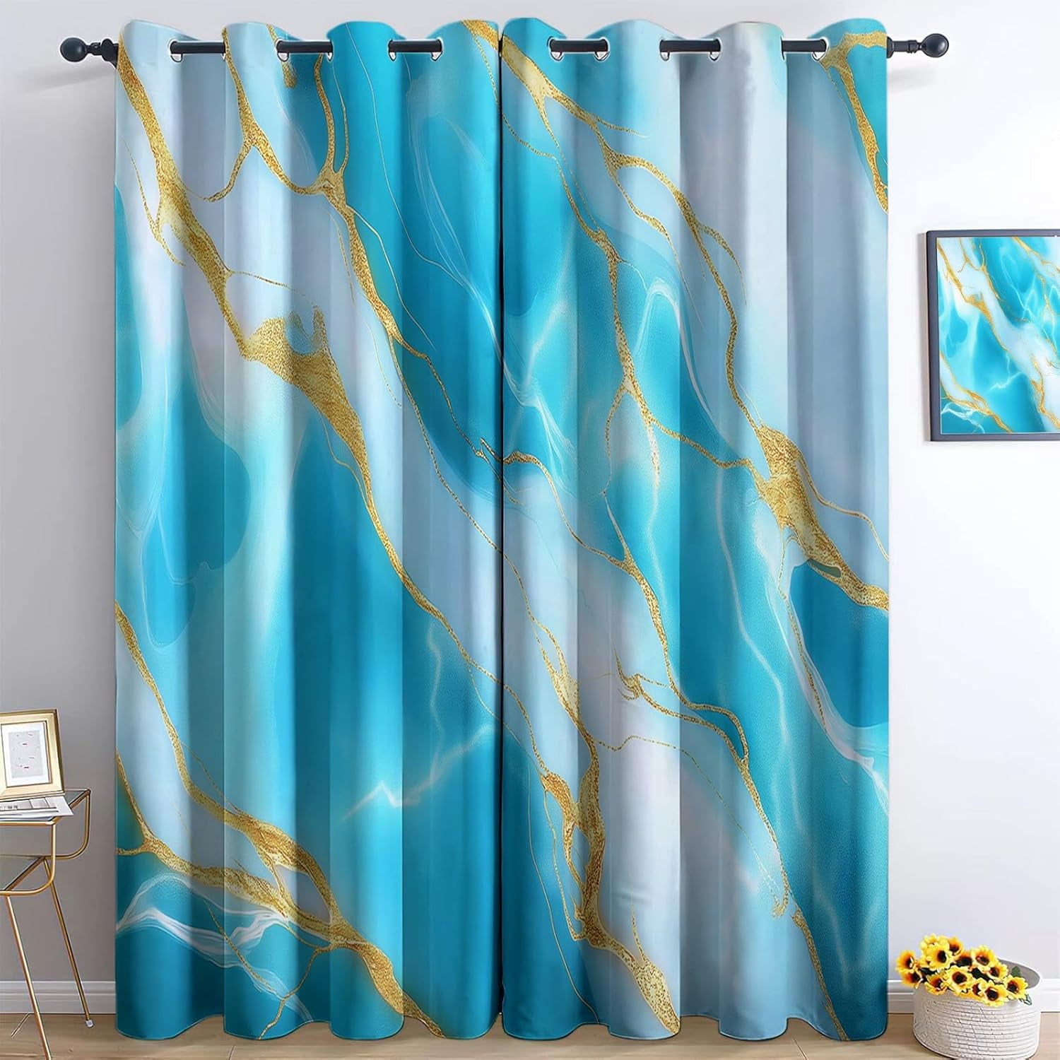 Blue Marble Blackout Curtains, Abstract Gold Texture Window Drapes for ...