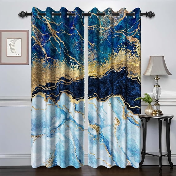 Blue Marble Blackout Curtains, Gold Glitter Texture Window Curtains ...