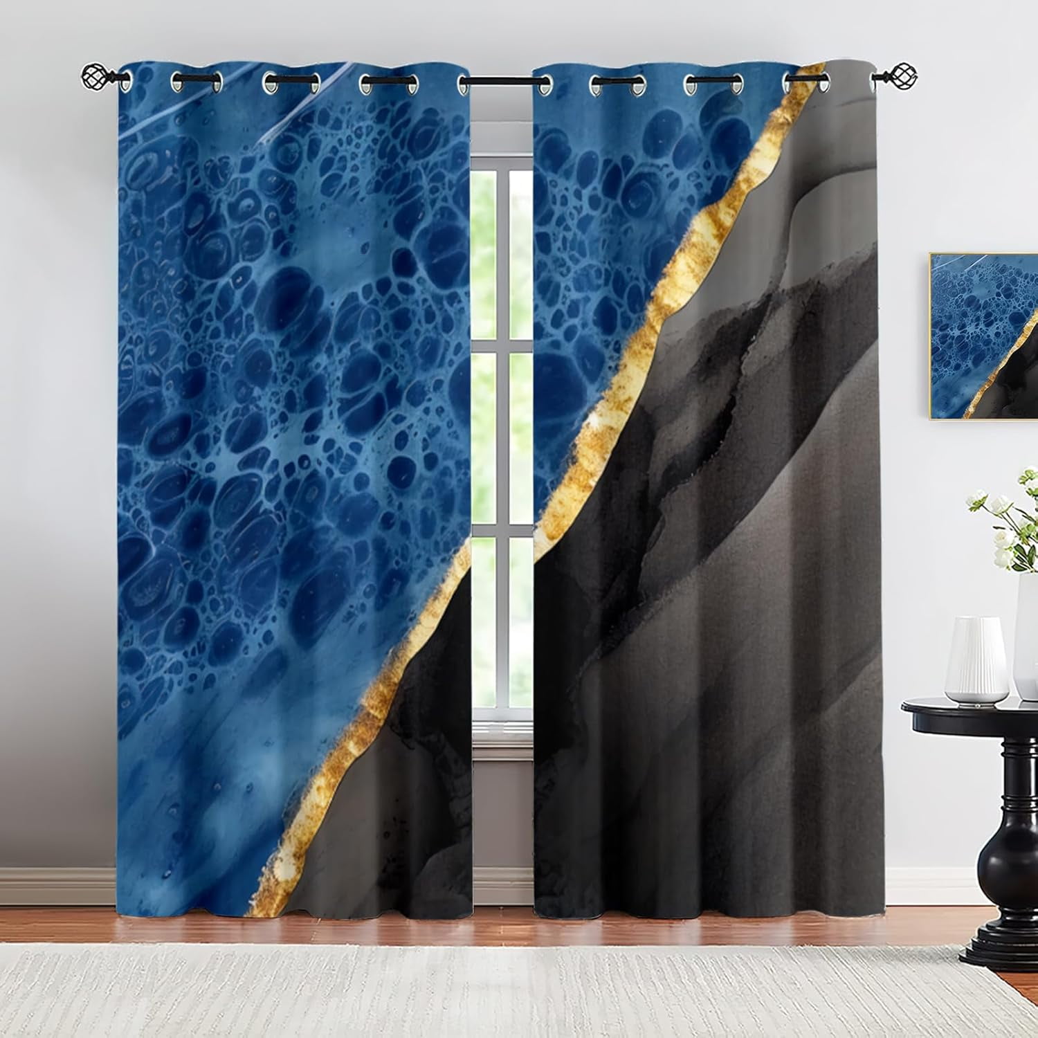 Blue Marble Blackout Curtains, Modern Abstract Black Gold Marble Living ...