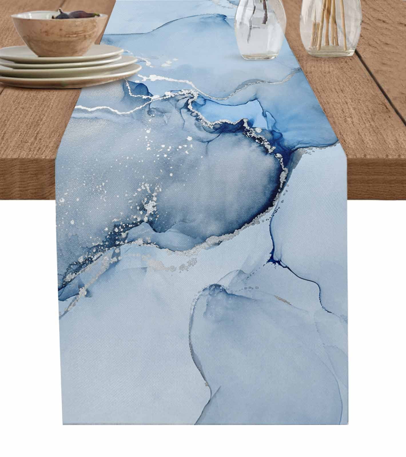 Blue Marble Burlap Cotton Table Runner 13x70 Inches Long, Modern Ombre ...