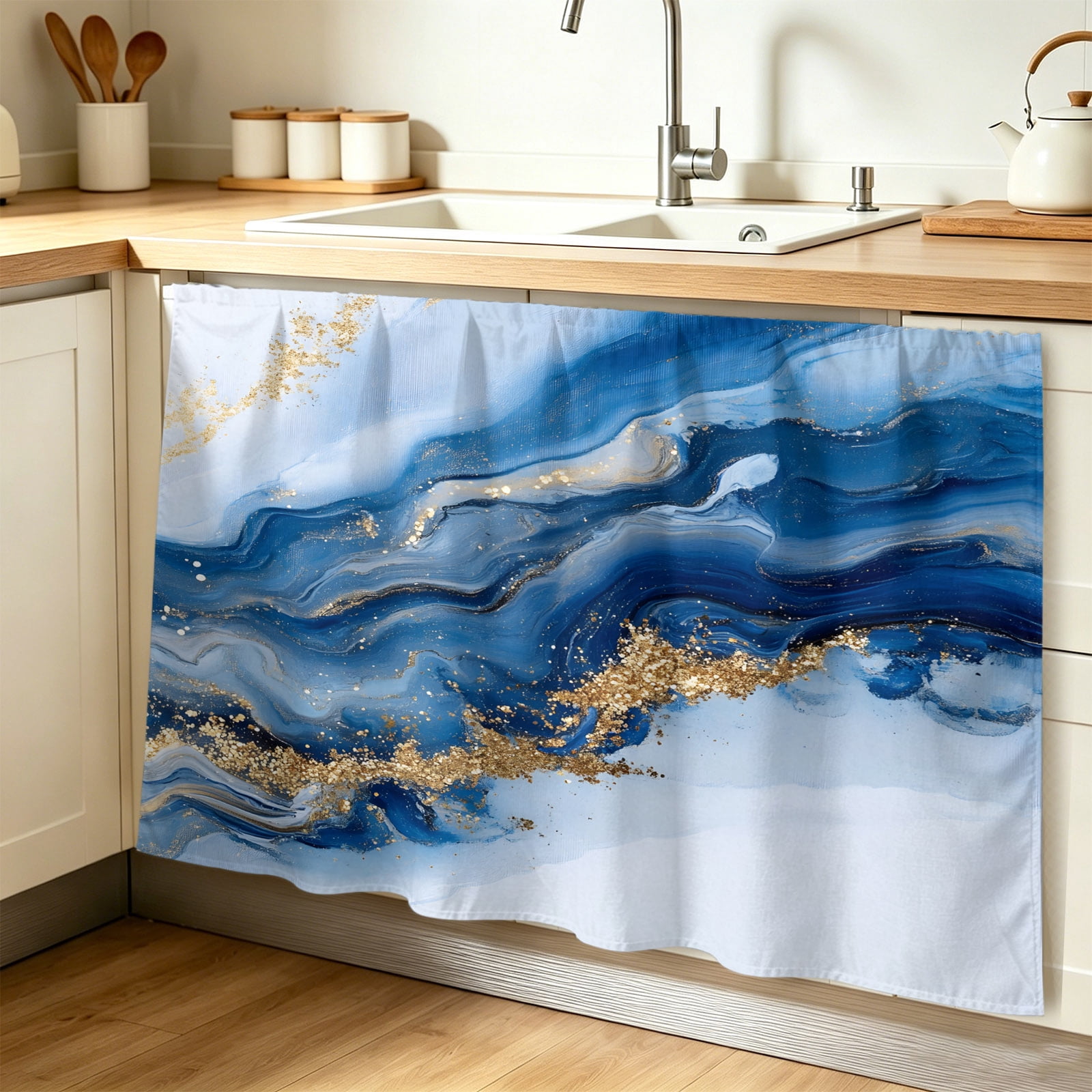 Blue Marble Cabinet Curtain 32"Wx55"L, Dustproof Pantry Door Curtain ...