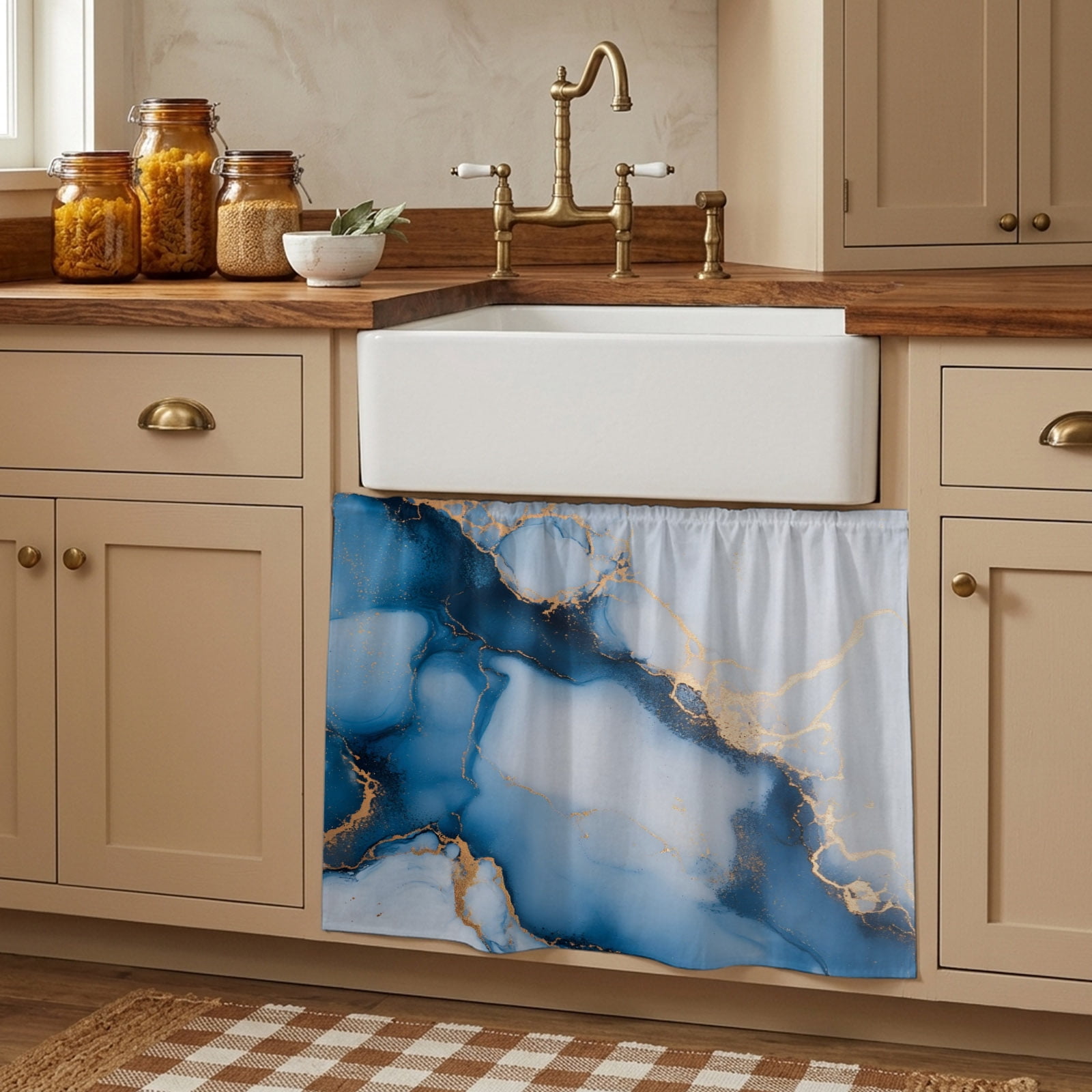 Blue Marble Cabinet Curtains 27.6"W x 35.4"L, Modern Gray Golden ...