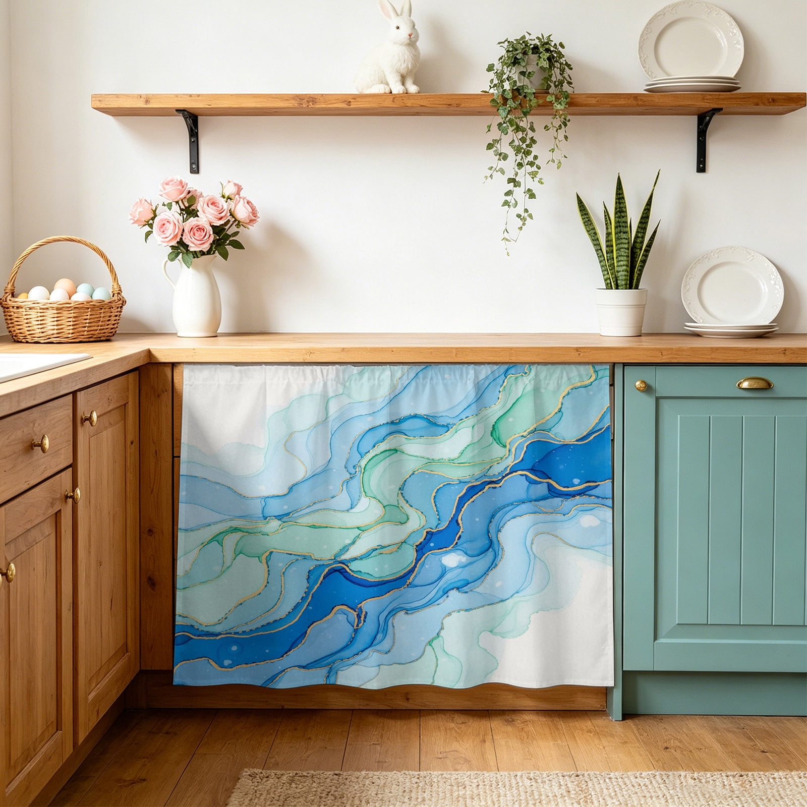 Blue Marble Cabinet Curtains 28" W x 35" L Modern Abstract Art ...