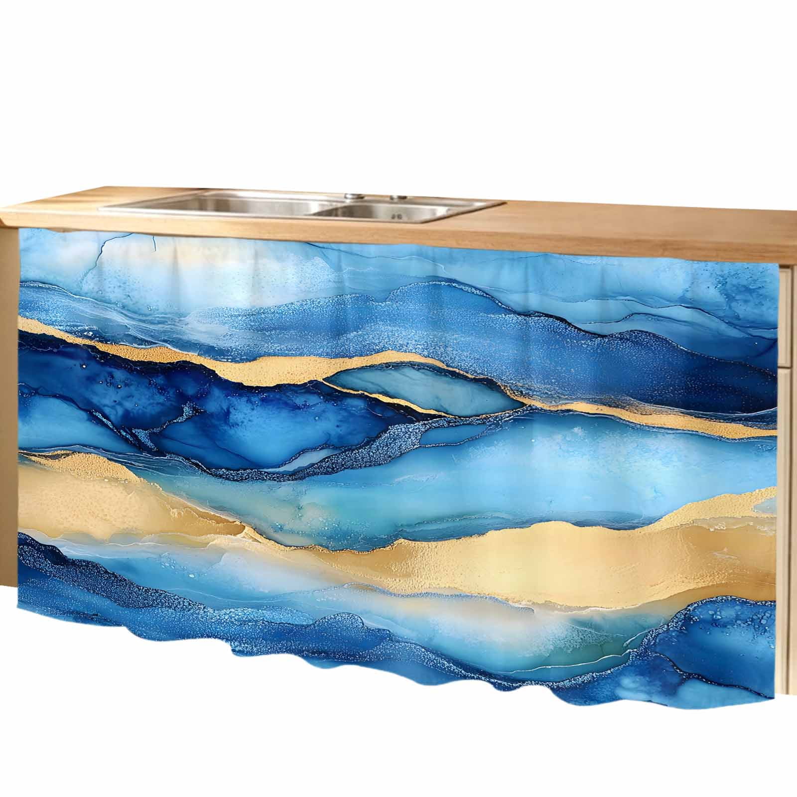 Blue Marble Cabinet Curtains Abstract Ocean Waves Gold Stripes Modern ...