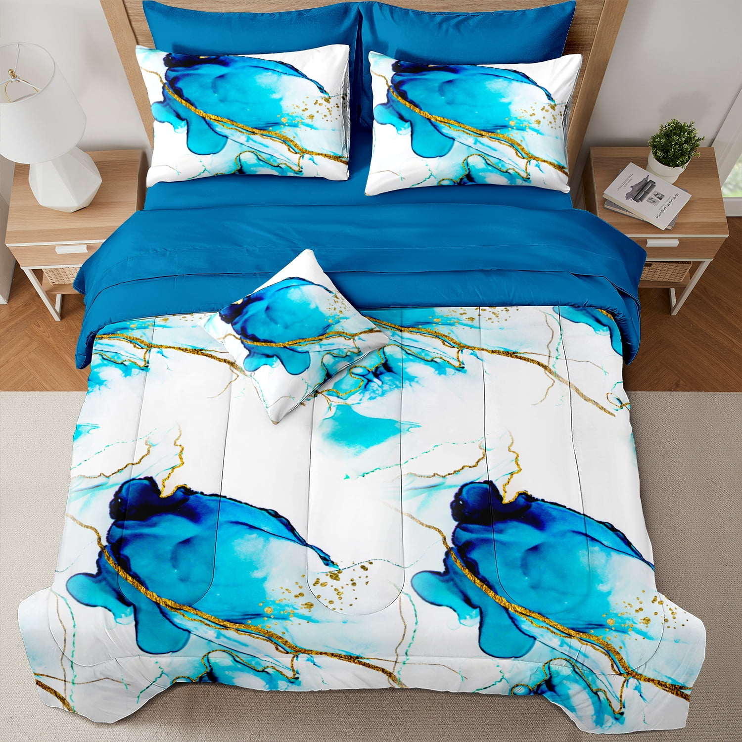 Blue Marble Comforter Set Queen Size 8 Pieces Bed in a Bag Abstract Art ...