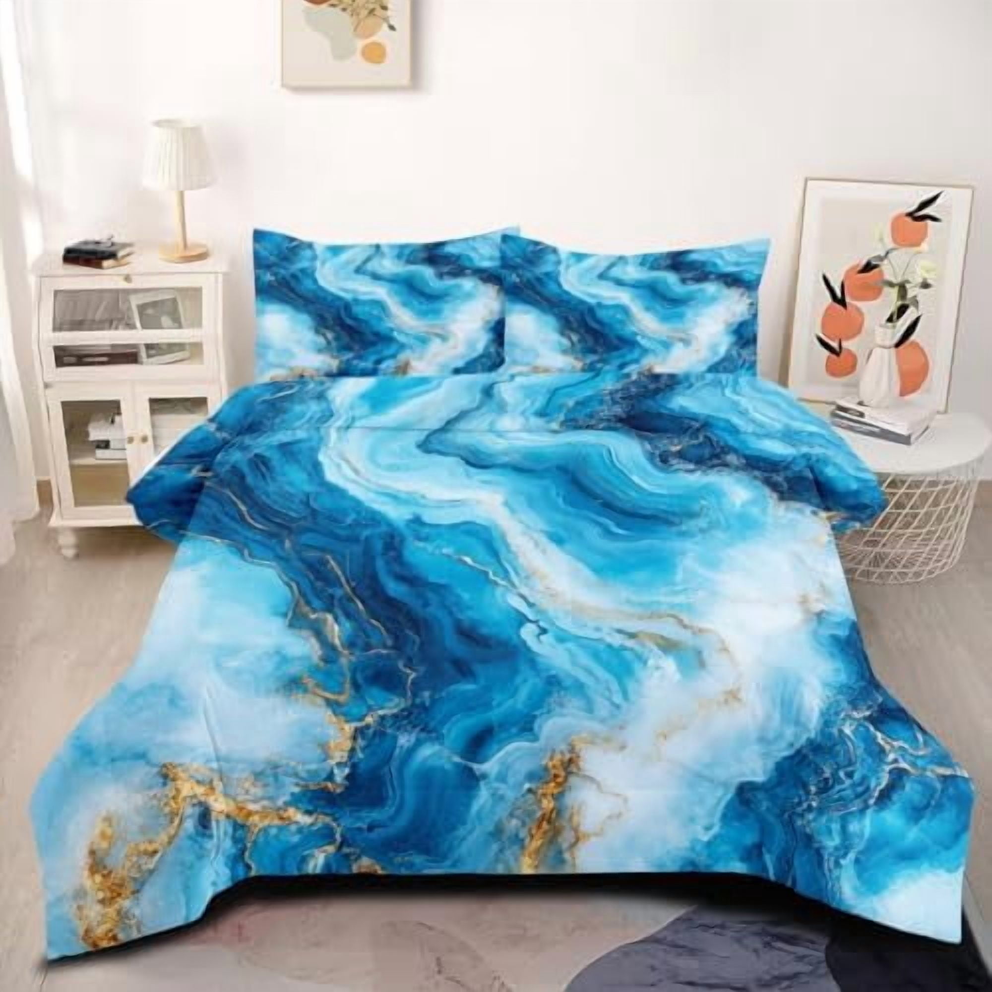 Blue Marble Comforter Set Queen Size Golden Marbling Stone Like Bedding ...