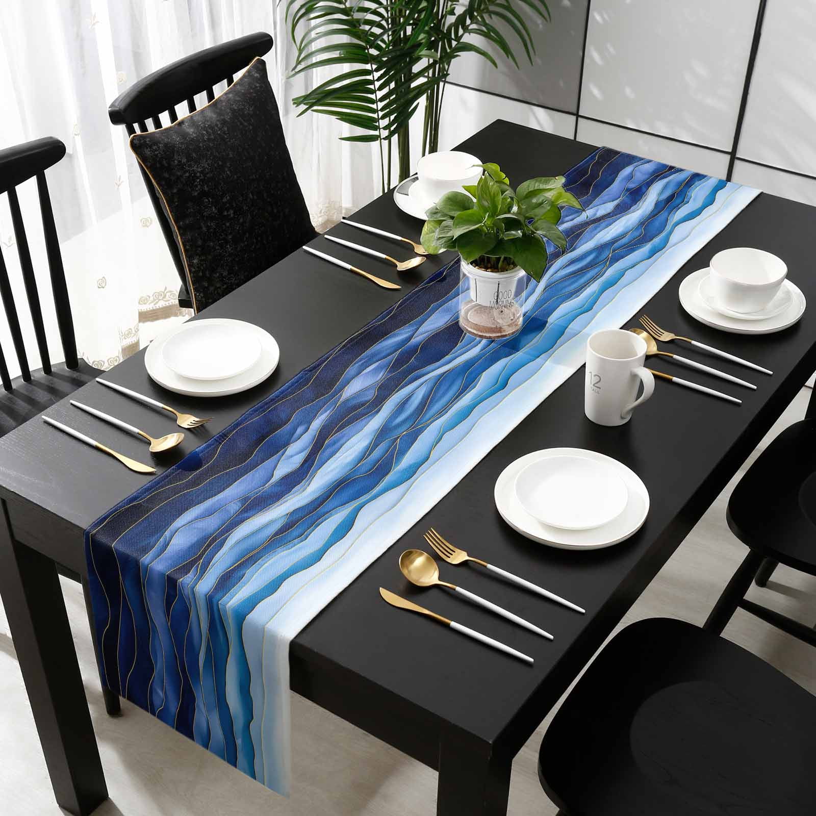Blue Marble Cotton Linen Small Table Runner 13 x 60 inch Abstract Wave ...