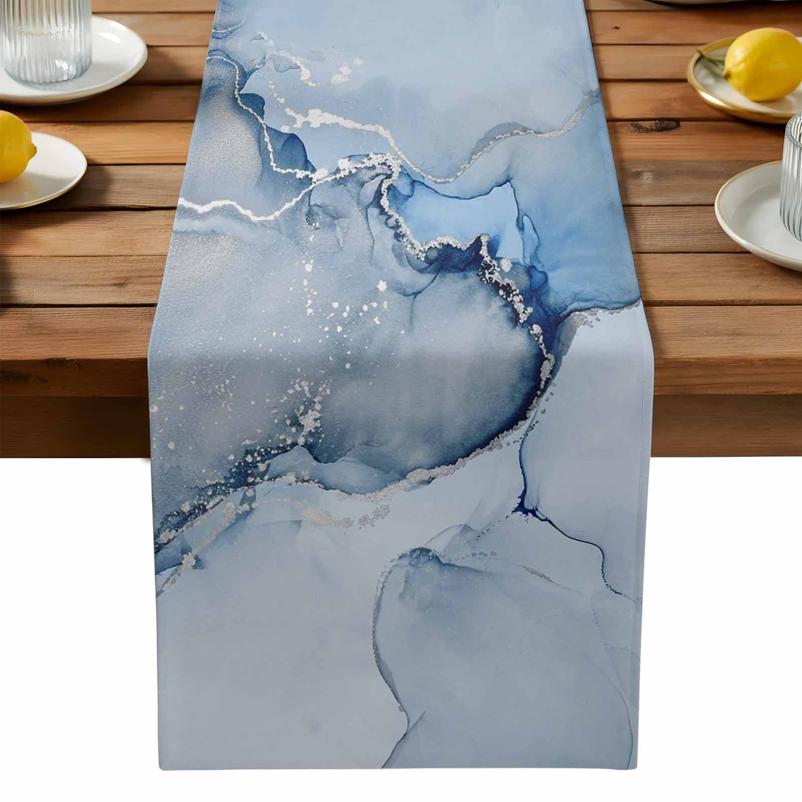 Blue Marble Cotton Linen Table Runner for Dining Kitchen, Modern Ombre ...
