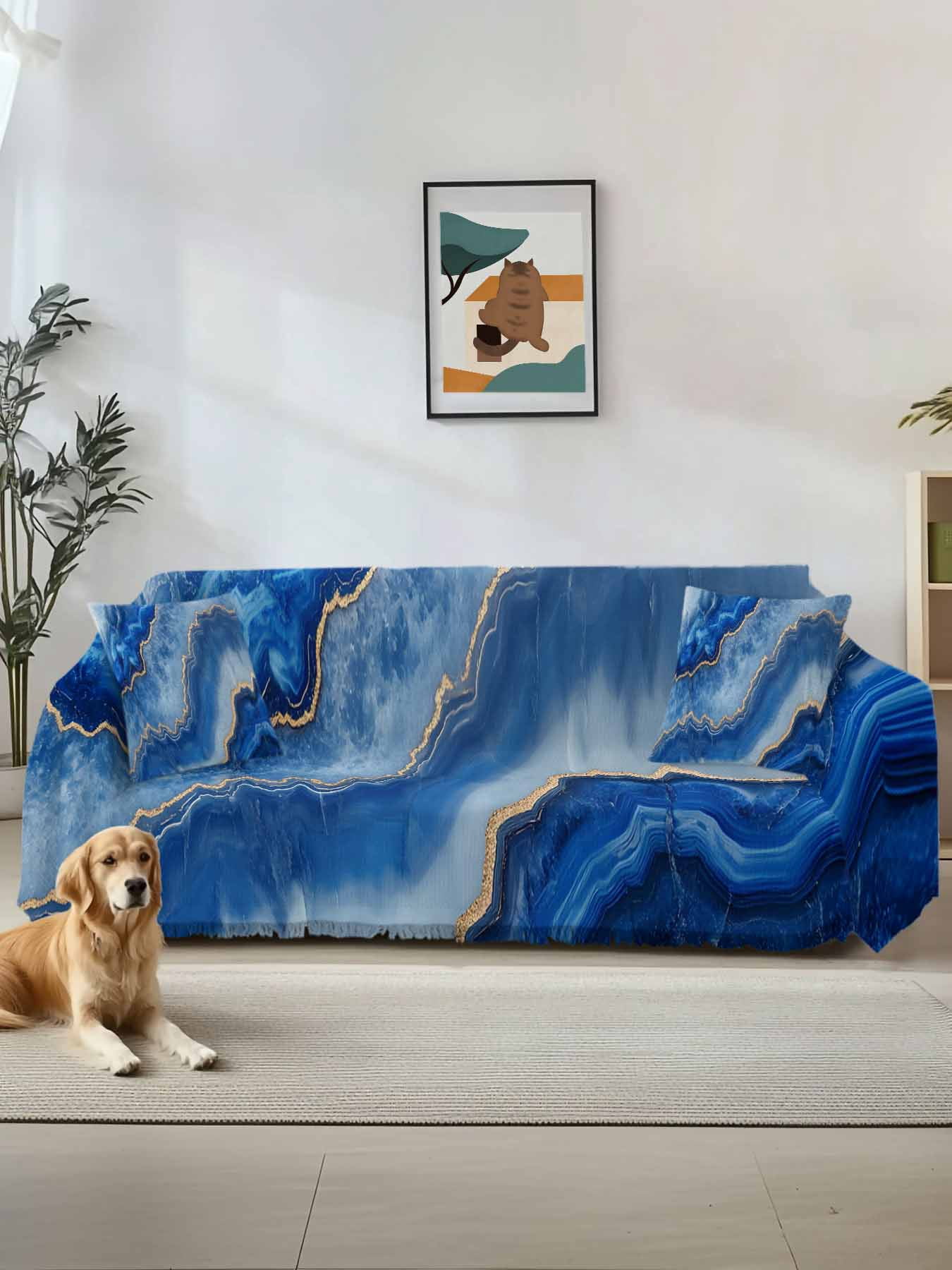 Blue Marble Couch Cover for 2 Cushion Sofa, Modern Luxury Granite ...