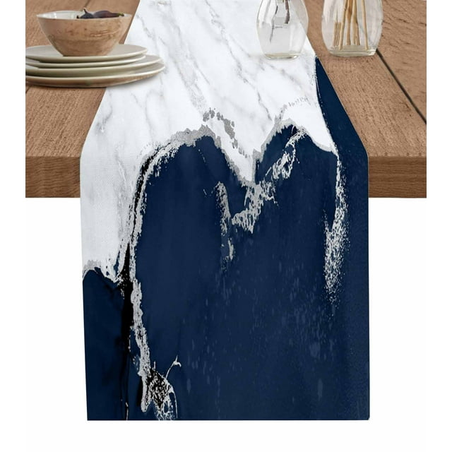Blue Marble Crack Short Table Runners 48 Inches, Cotton Linen Fabric ...