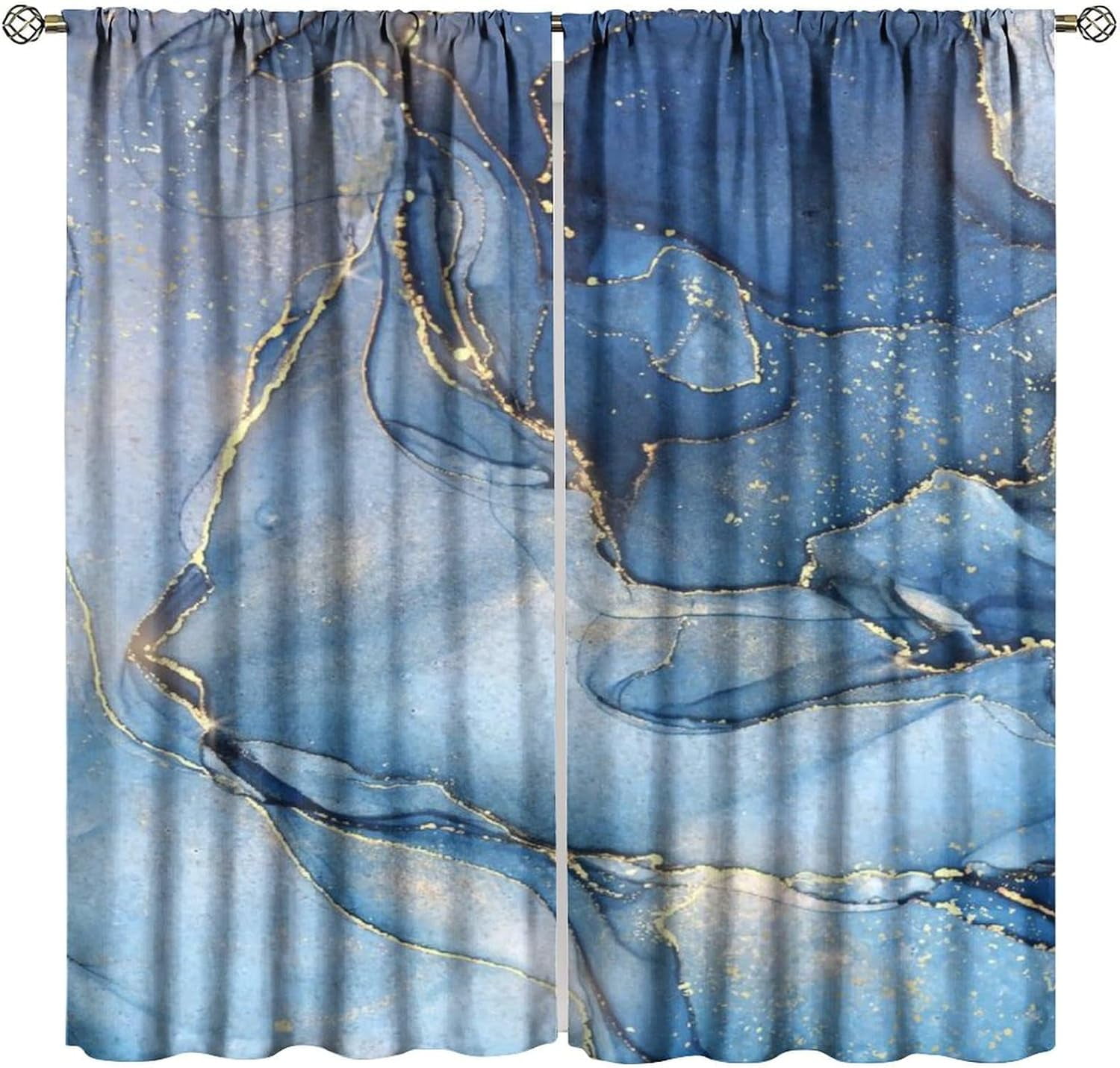 Blue Marble Curtain Gold Texture Pattern Blackout Print Rod Pocket ...